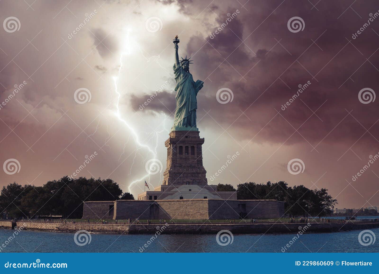 View on Statue Liberty from Hudson River on the Stormy Sky with ...