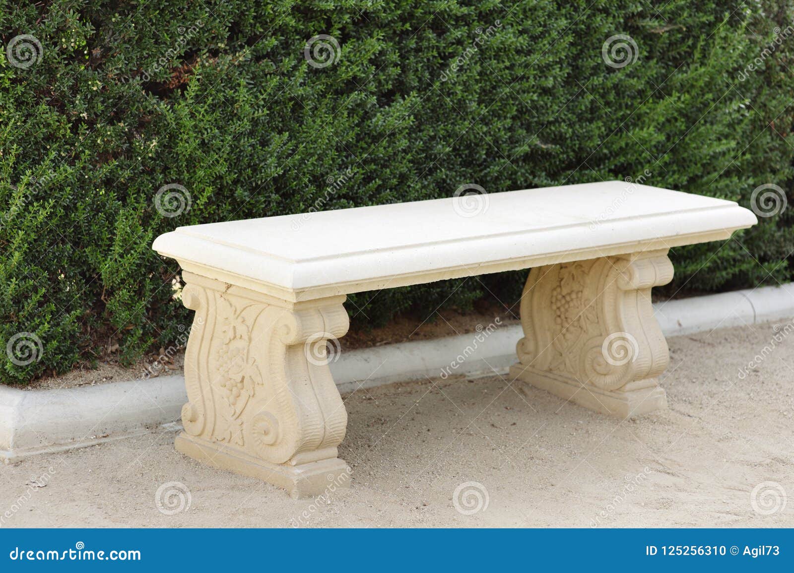 View of Stone Bench with Green Bushes Stock Photo - Image of nature ...