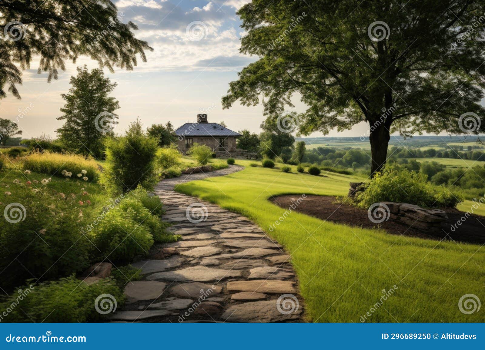 View of a Stone Pathway Winding through Lush Rural Landscape Stock ...