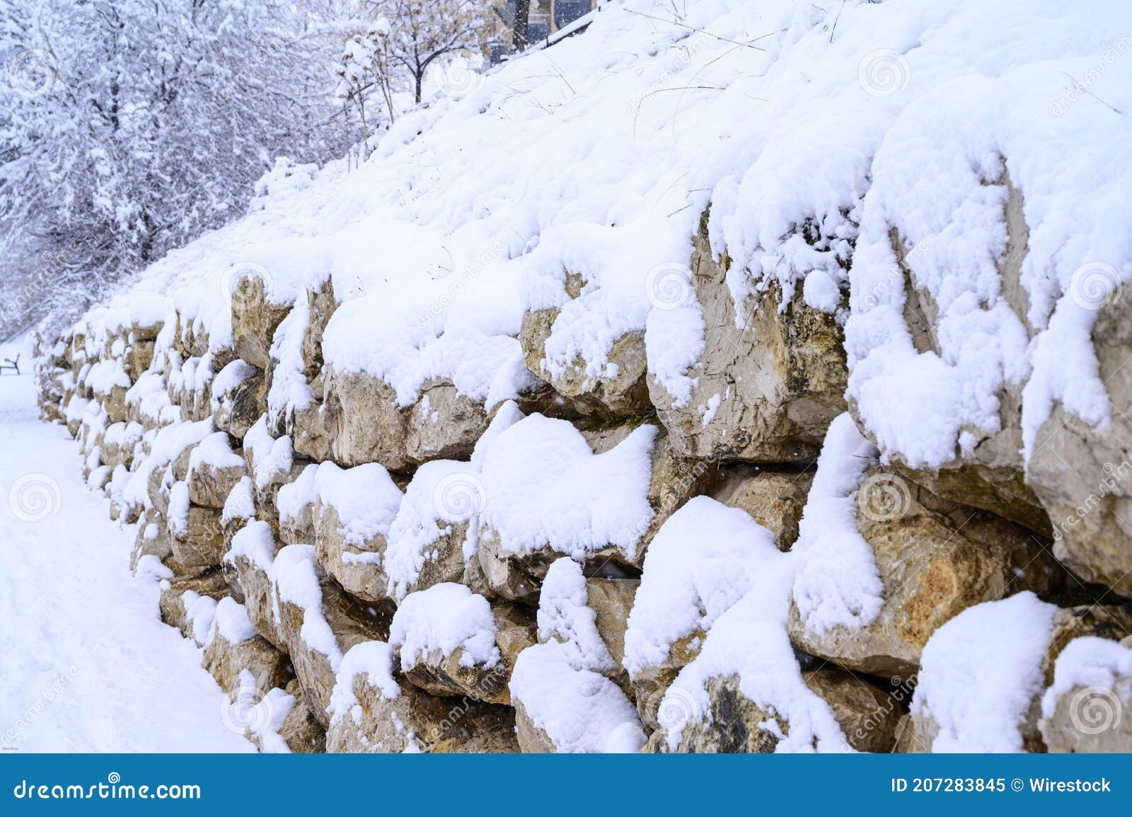 View of a Stone Wall Covered with Snow during Winter Stock Image ...