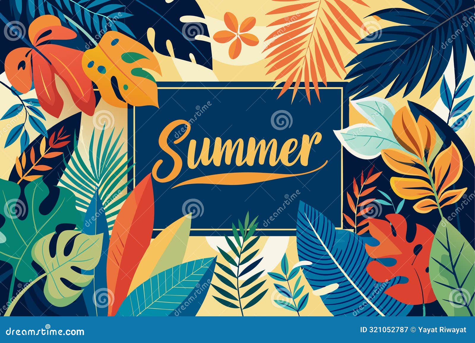 Summer Text with Box Frame and Tropical Leaves Background Stock ...