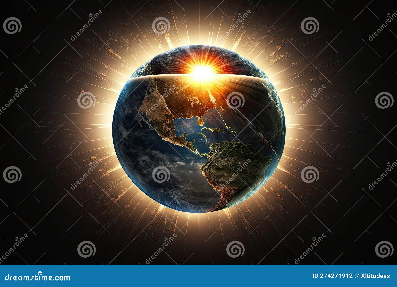 A View of the Sun Rising Over a Globe, with Rays of Light Illuminating ...
