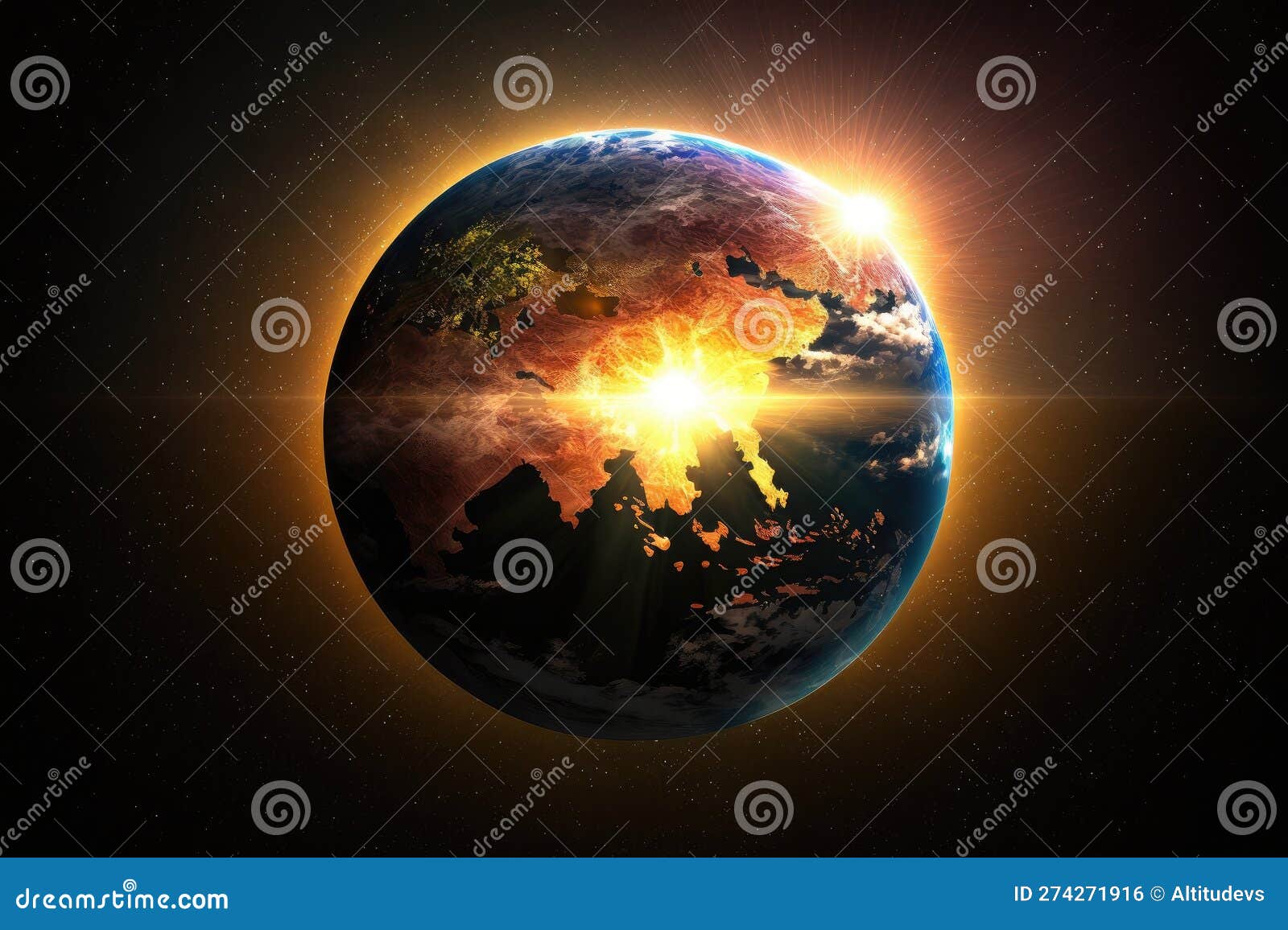 A View of the Sun Rising Over a Globe, with Rays of Light Illuminating ...