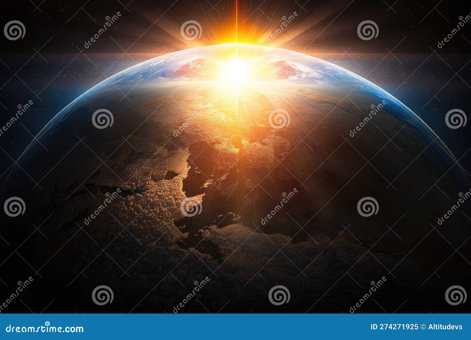 A View of the Sun Rising Over a Globe, with Rays of Light Illuminating ...
