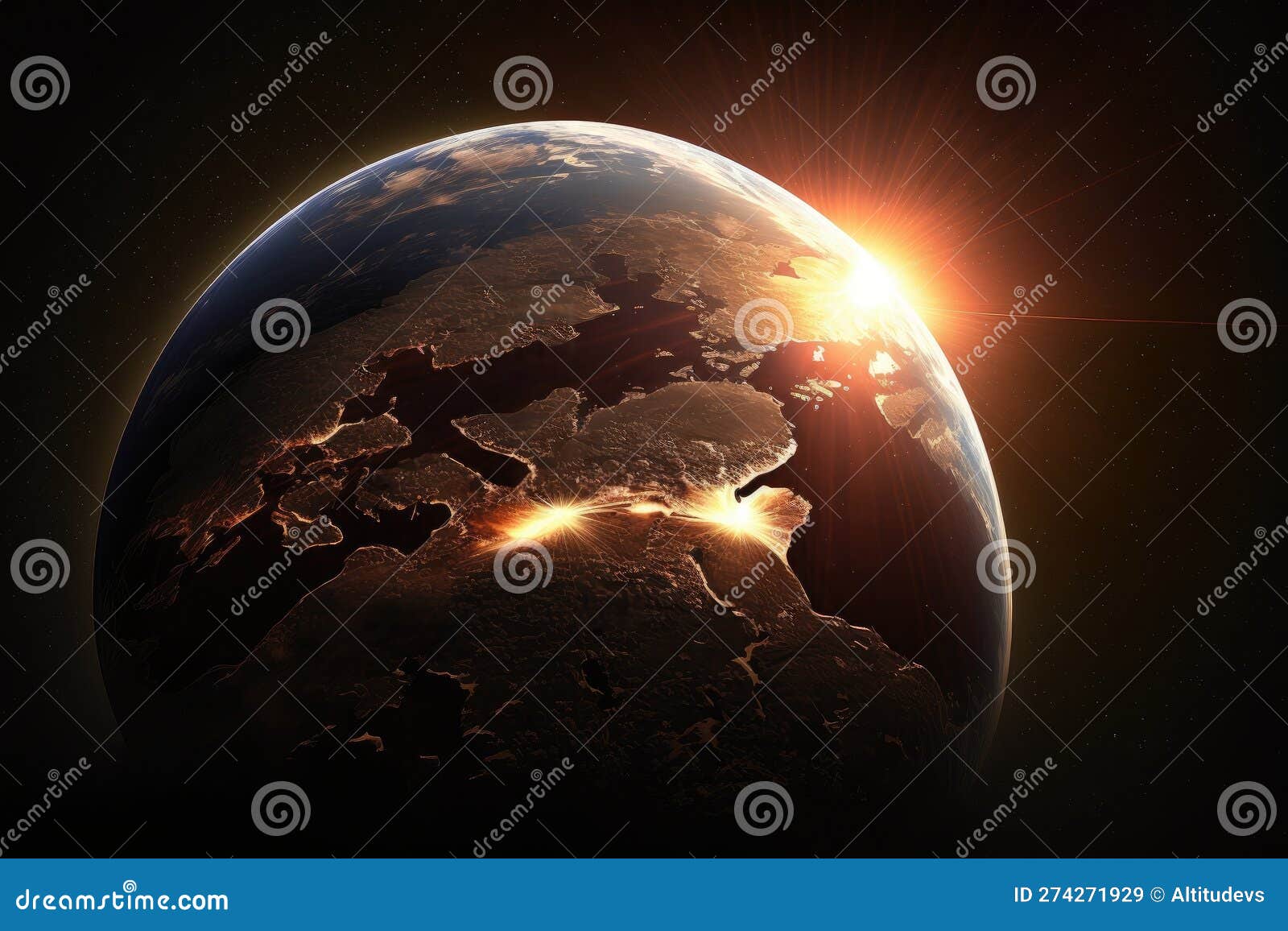 A View of the Sun Rising Over a Globe, with Rays of Light Illuminating ...