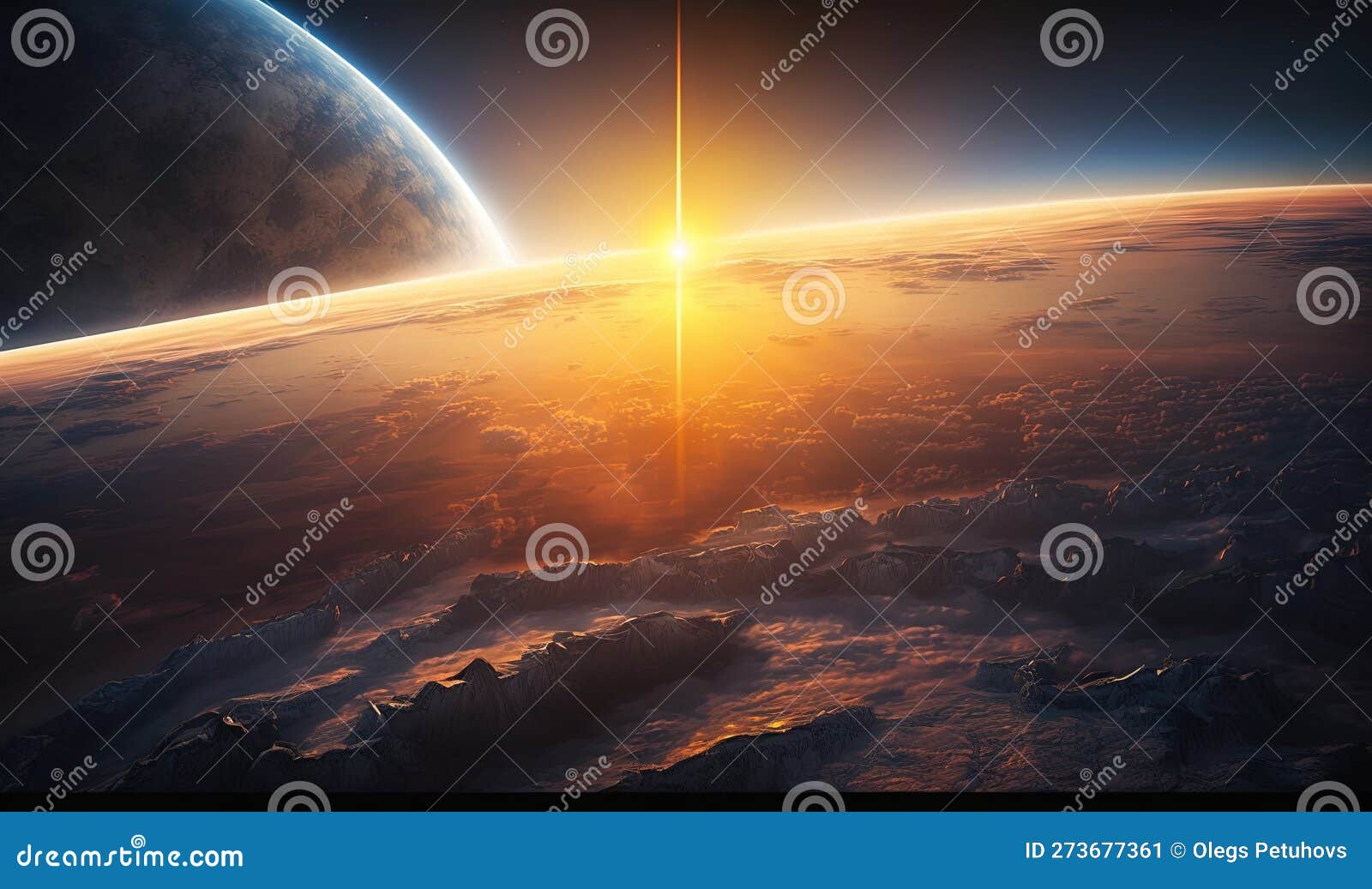 A View of the Sun Rising Over the Horizon of a Planet Stock ...