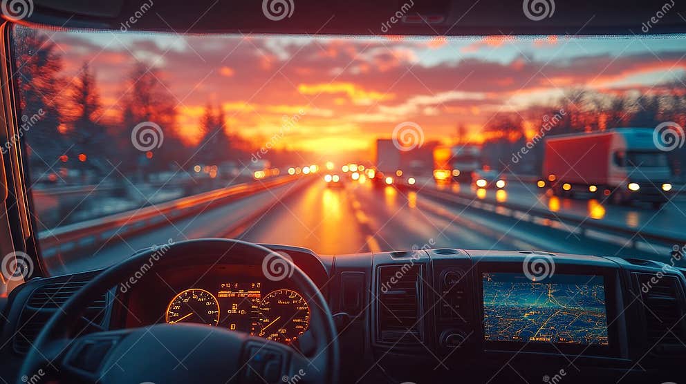 View of the Sunset from Inside an RV on the Open Road, with Cozy String ...