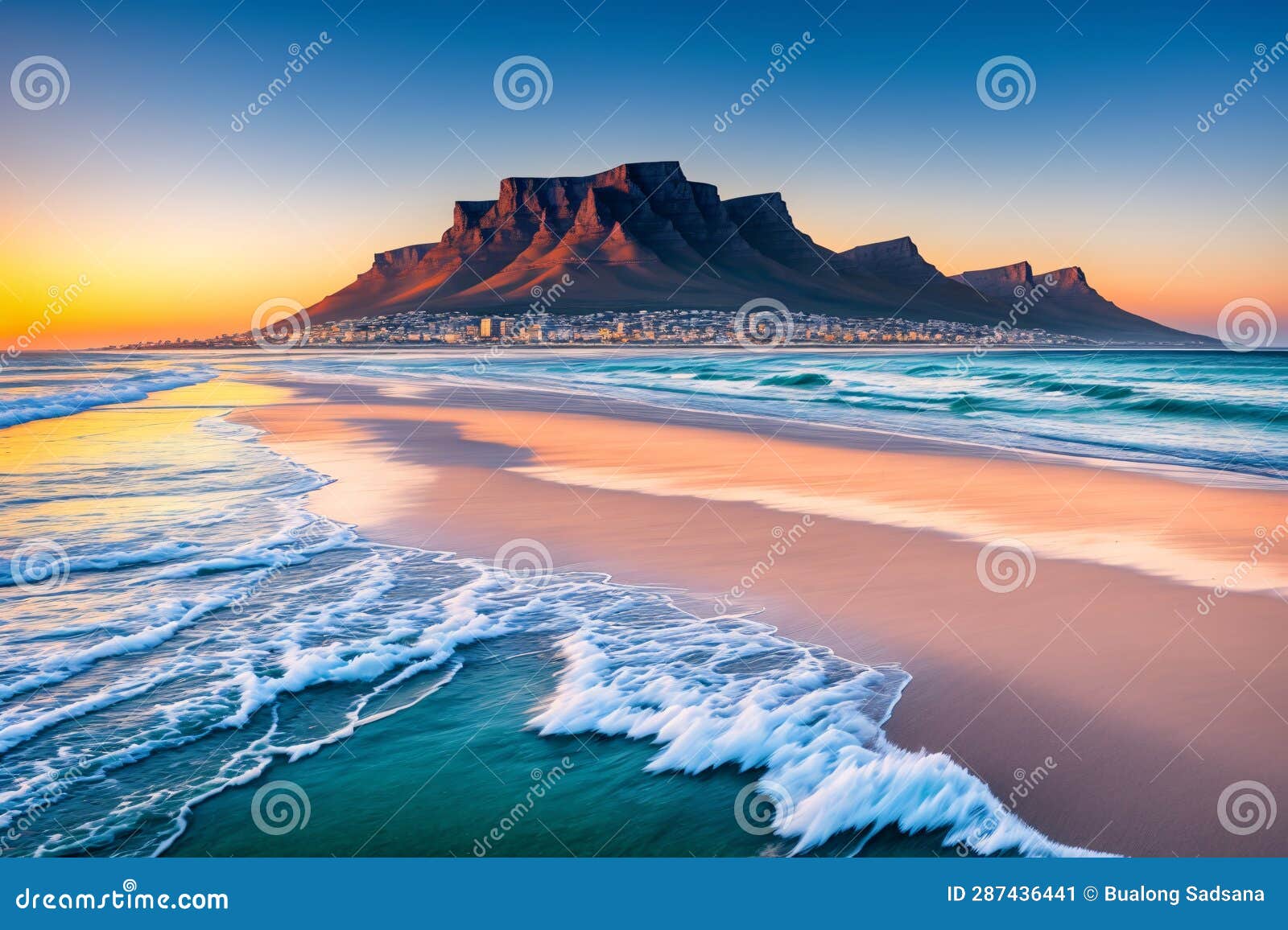 A View of Table Mountain from the Beach at Sunset. Stock Illustration ...