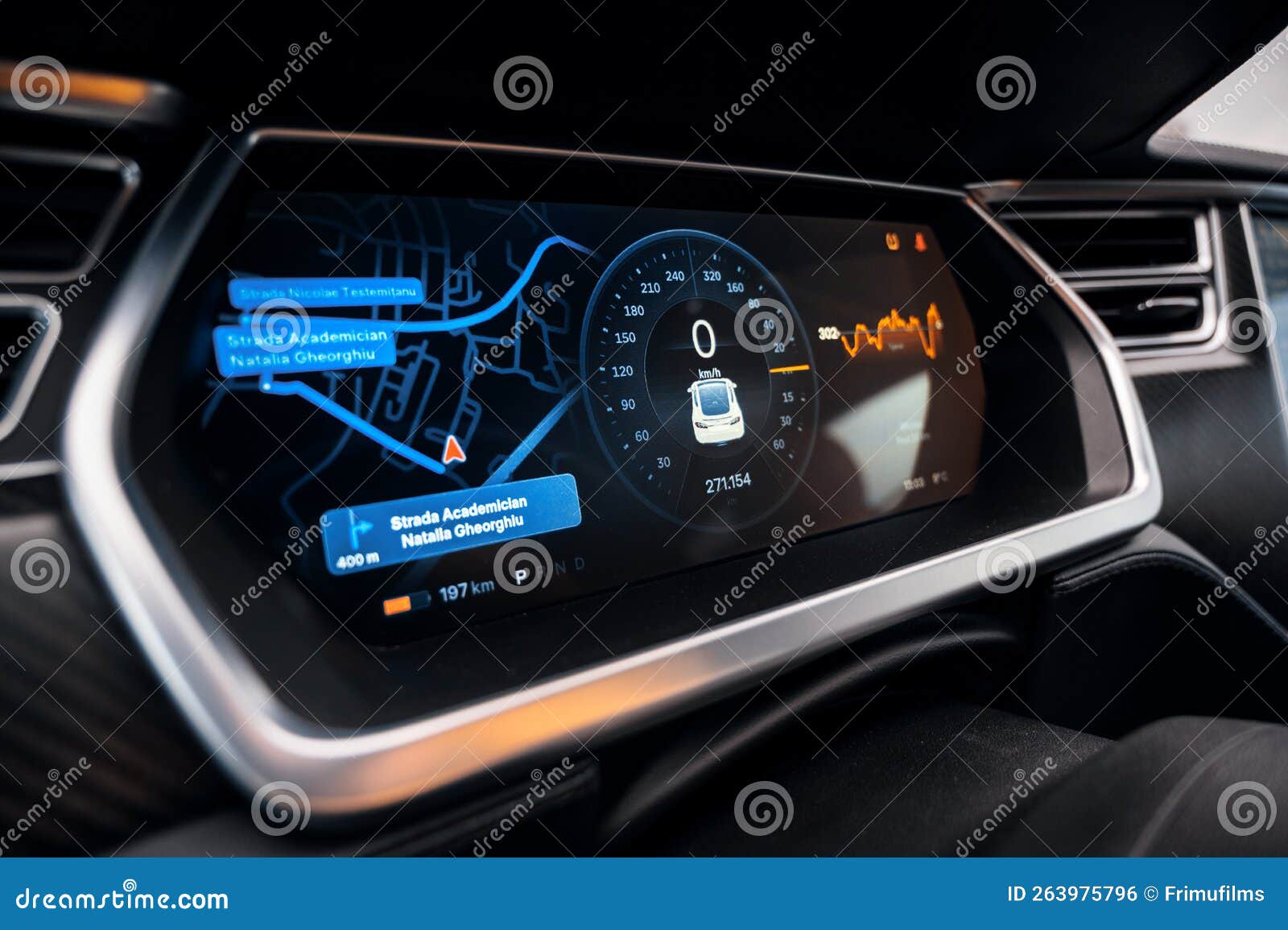 View of Tesla Model S Main Dashboard with Map and Speedometer on it ...