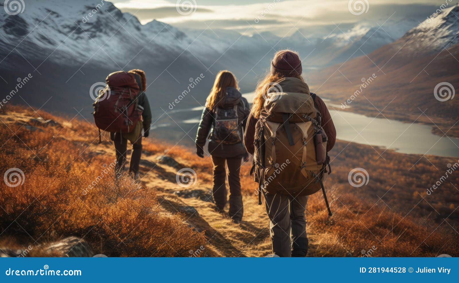 View of Three Backpackers Walking Up the Mountain in Beautiful Remote ...