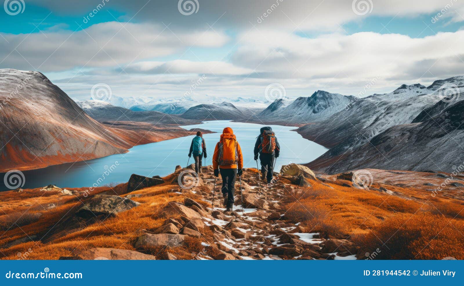 View of Three Backpackers Walking Up the Mountain in Beautiful Remote ...