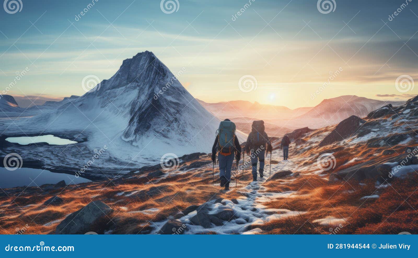 View of Three Backpackers Walking Up the Mountain in Beautiful Remote ...