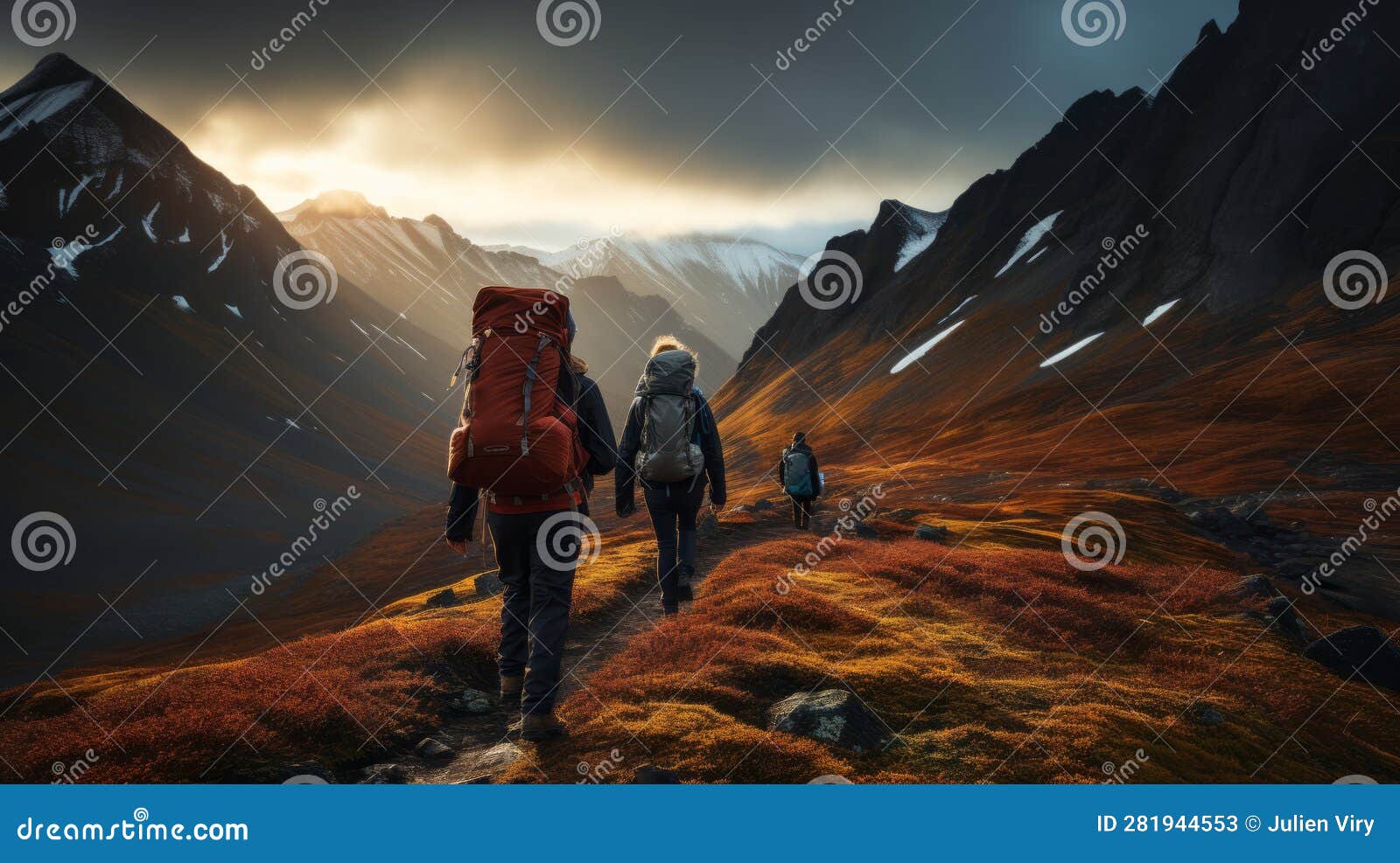 View of Three Backpackers Walking Up the Mountain in Beautiful Remote ...