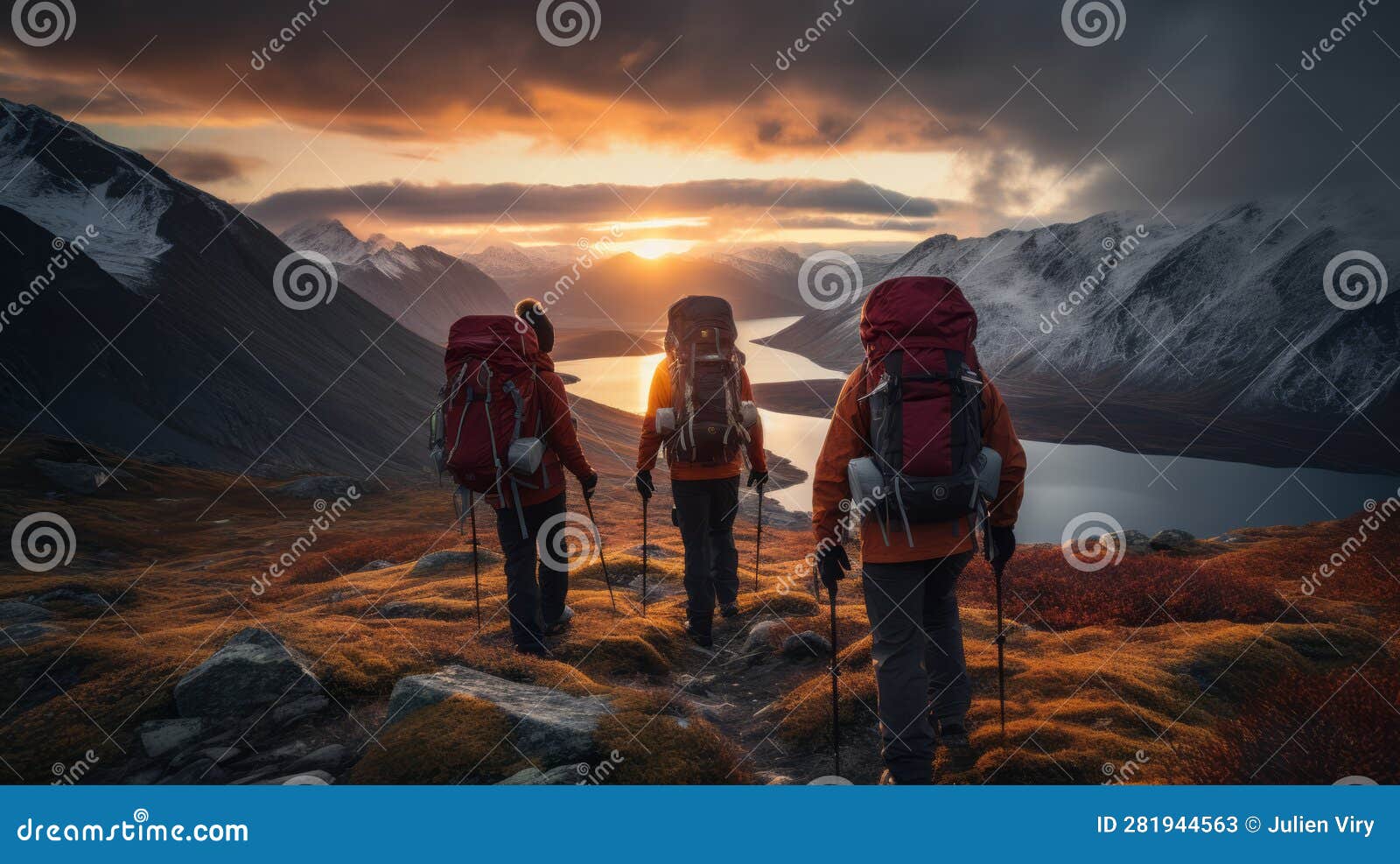 View of Three Backpackers Walking Up the Mountain in Beautiful Remote ...