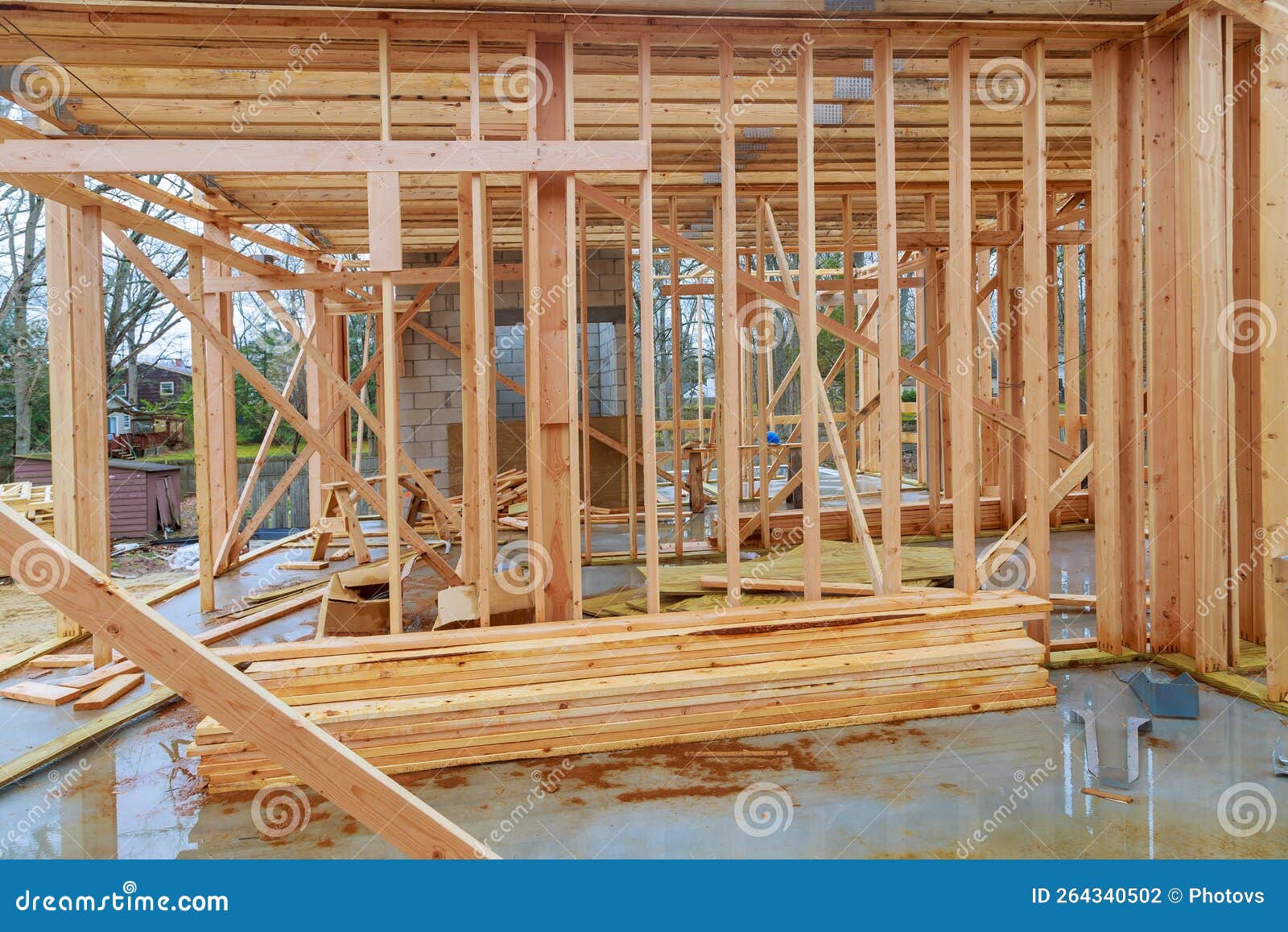 An Timber Framing Beams Framework in a Built House Under Construction ...