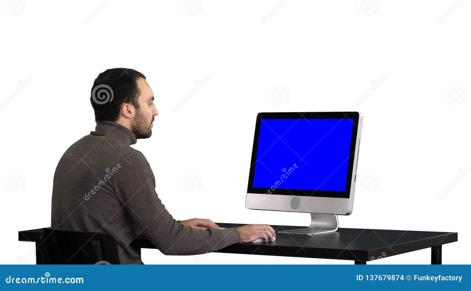 Man Typing on the Computer, White Background. Blue Screen Mock-up ...