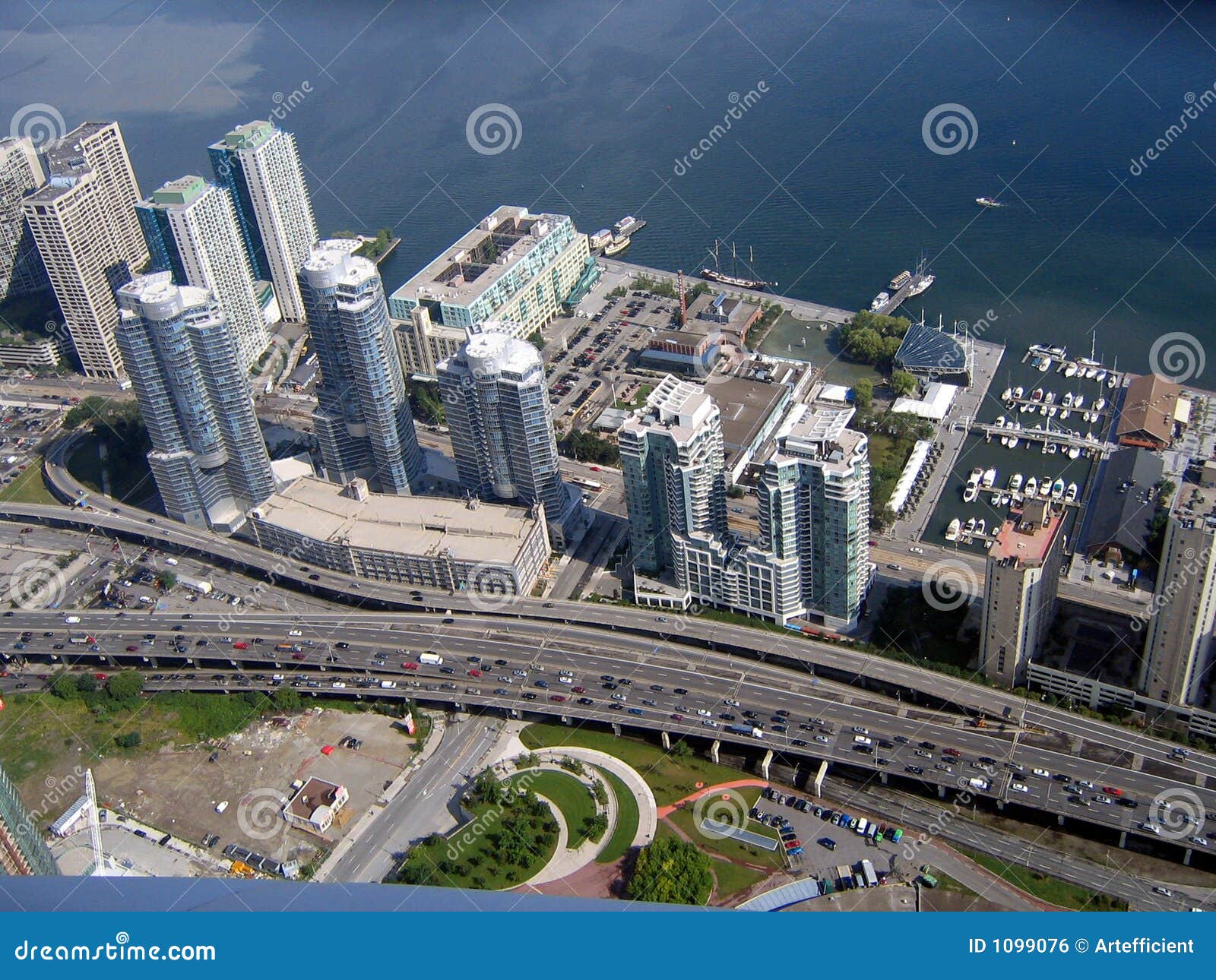 View from Toronto CN Tower on Waterfront and Lakeshore Highway Stock ...