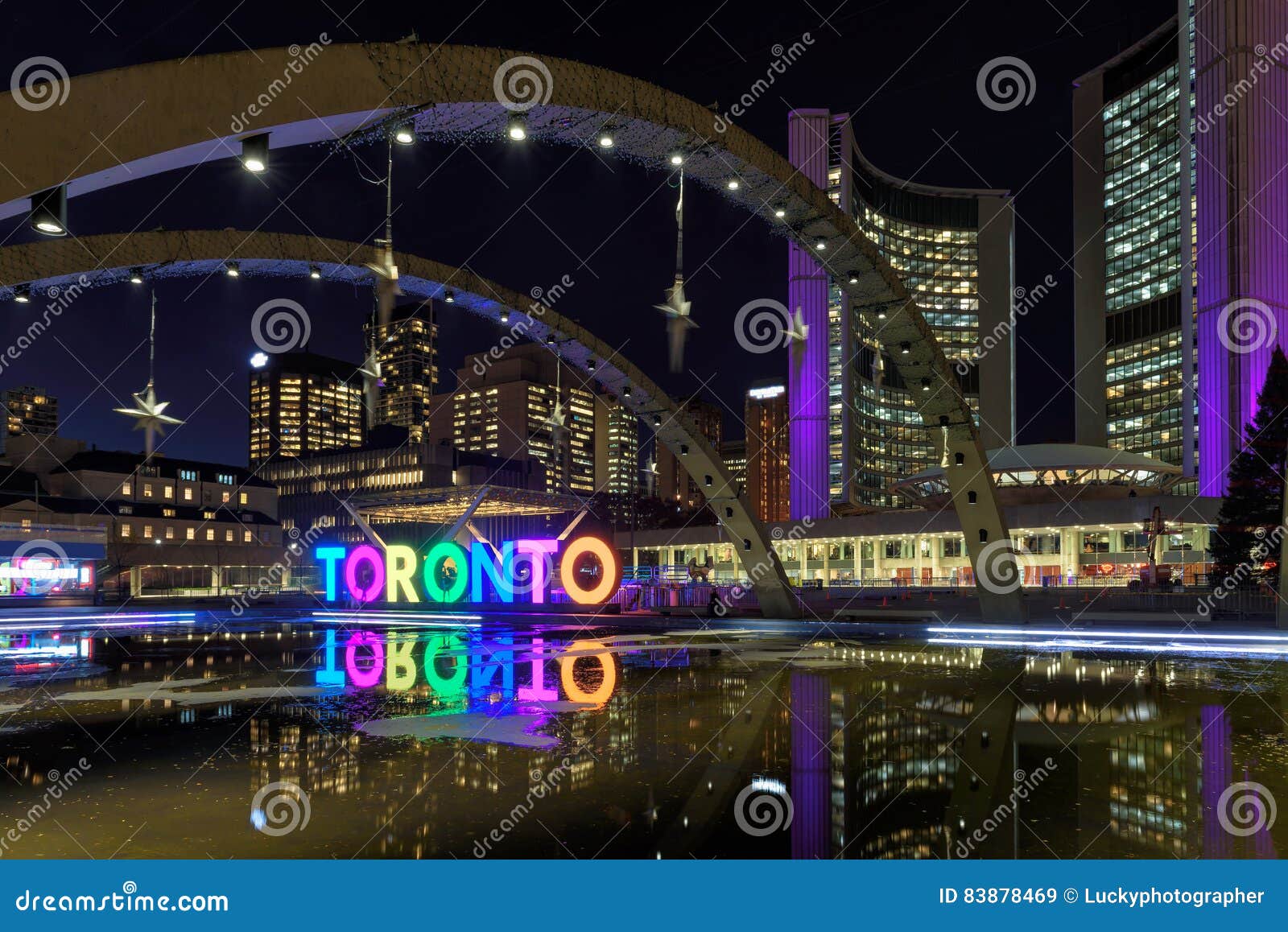 View of Toronto Sign on Nathan Phillips Square at Night, in Toronto ...