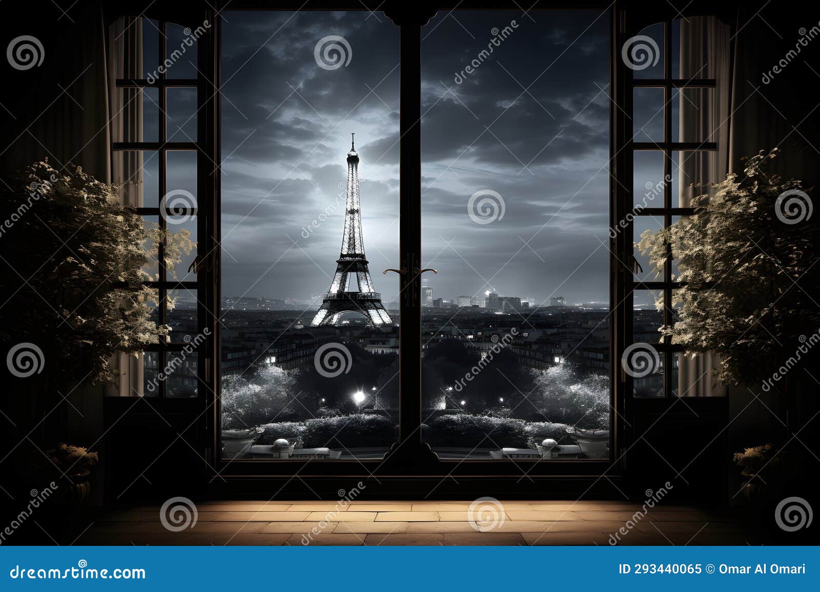 A View of a Tower from a Window.Window View from Metal Window . Stock ...