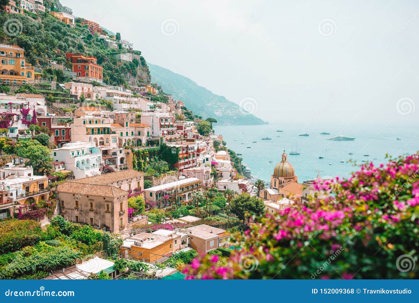 View of the Town of Positano with Flowers Stock Photo - Image of ...