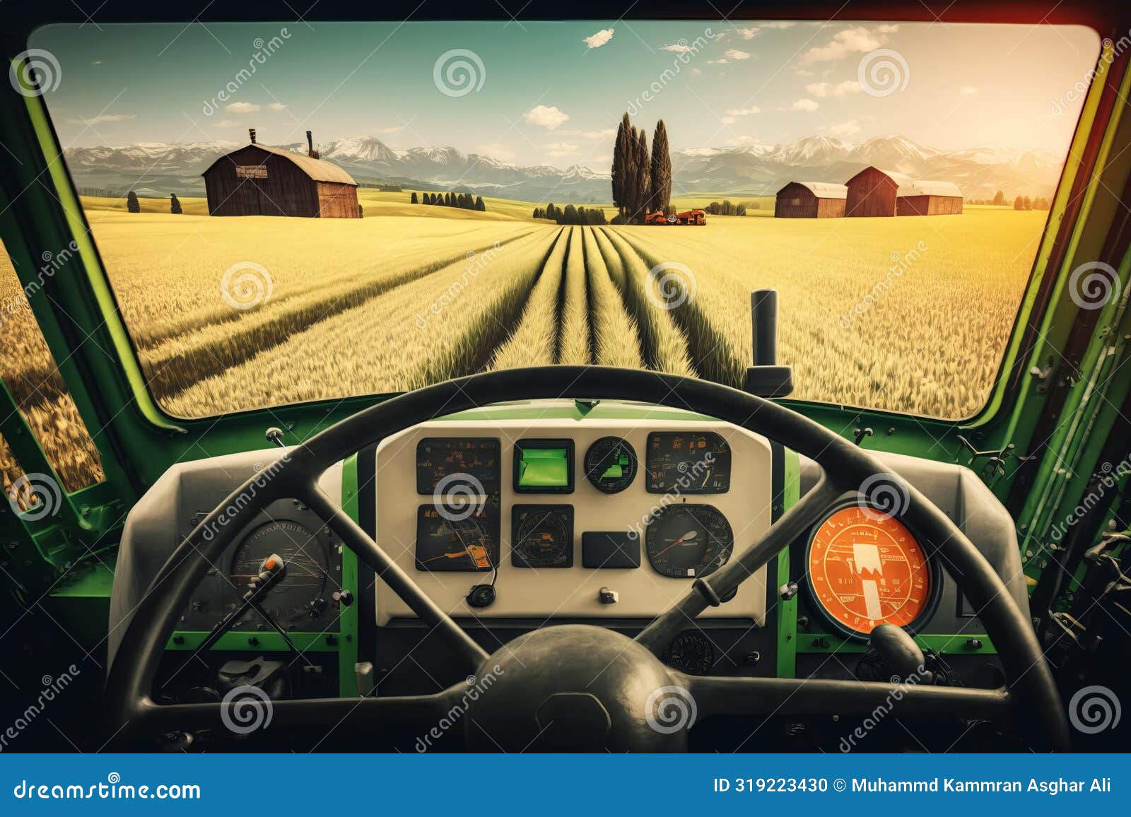 View from Tractor Cab on Field. Harvester Machine Inside Cabin, Control ...