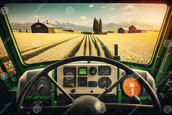View from Tractor Cab on Field. Harvester Machine Inside Cabin, Control ...