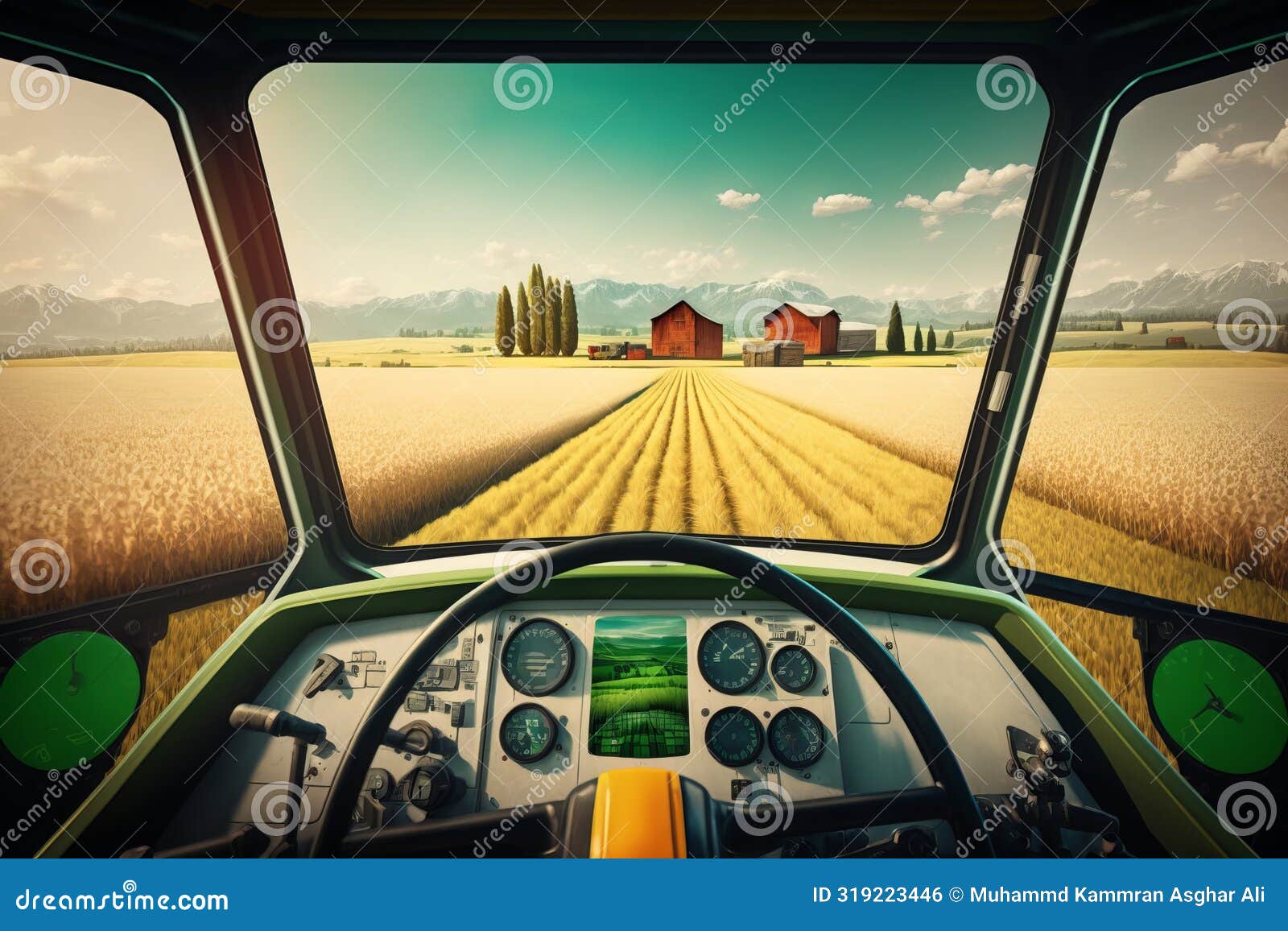 View from Tractor Cab on Field. Harvester Machine Inside Cabin, Control ...