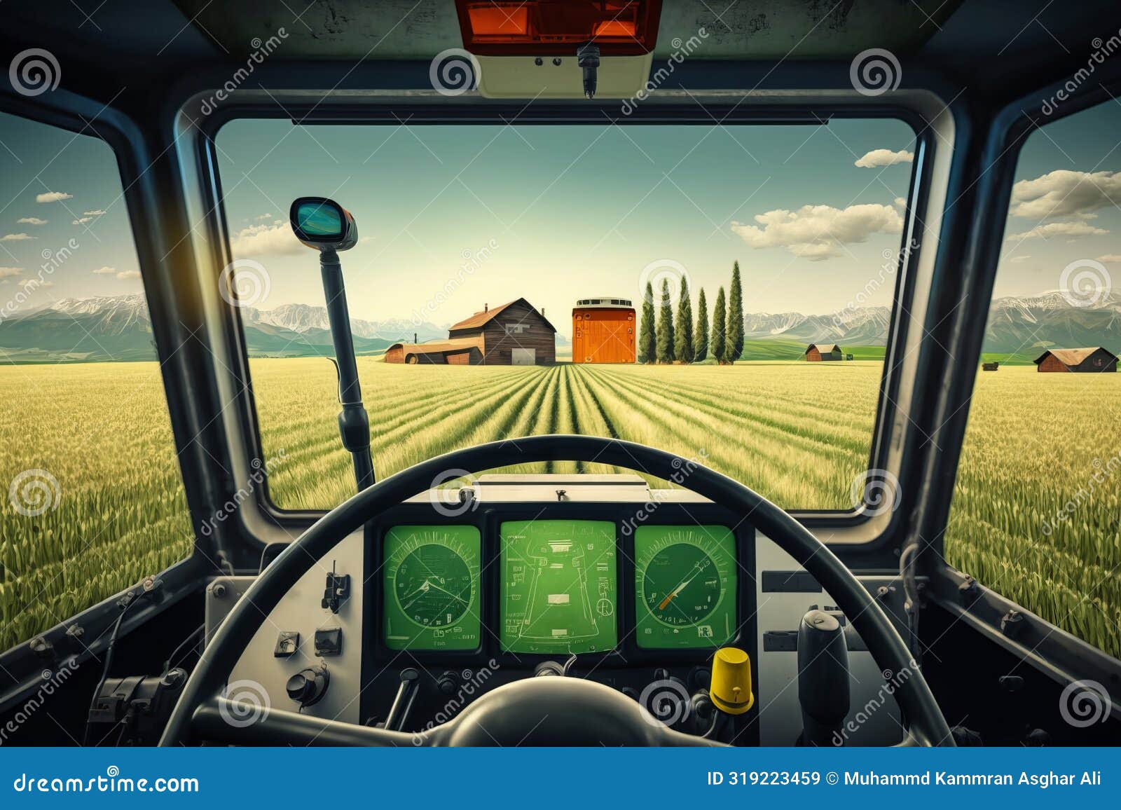 View from Tractor Cab on Field. Harvester Machine Inside Cabin, Control ...