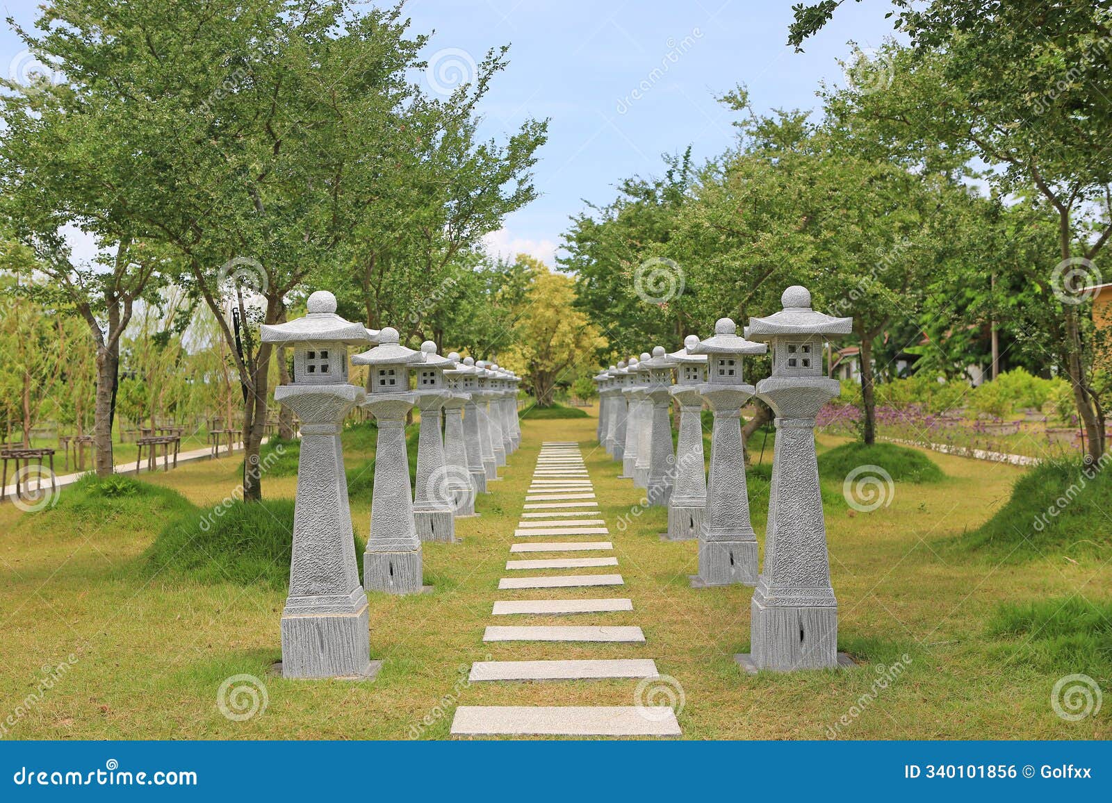 View of Traditional Japanese Garden with Walk Pathway and Lantern Pole ...