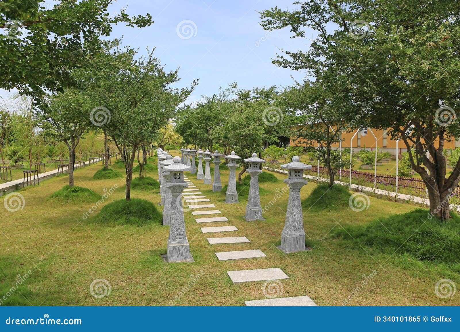 View of Traditional Japanese Garden with Walk Pathway and Lantern Pole ...