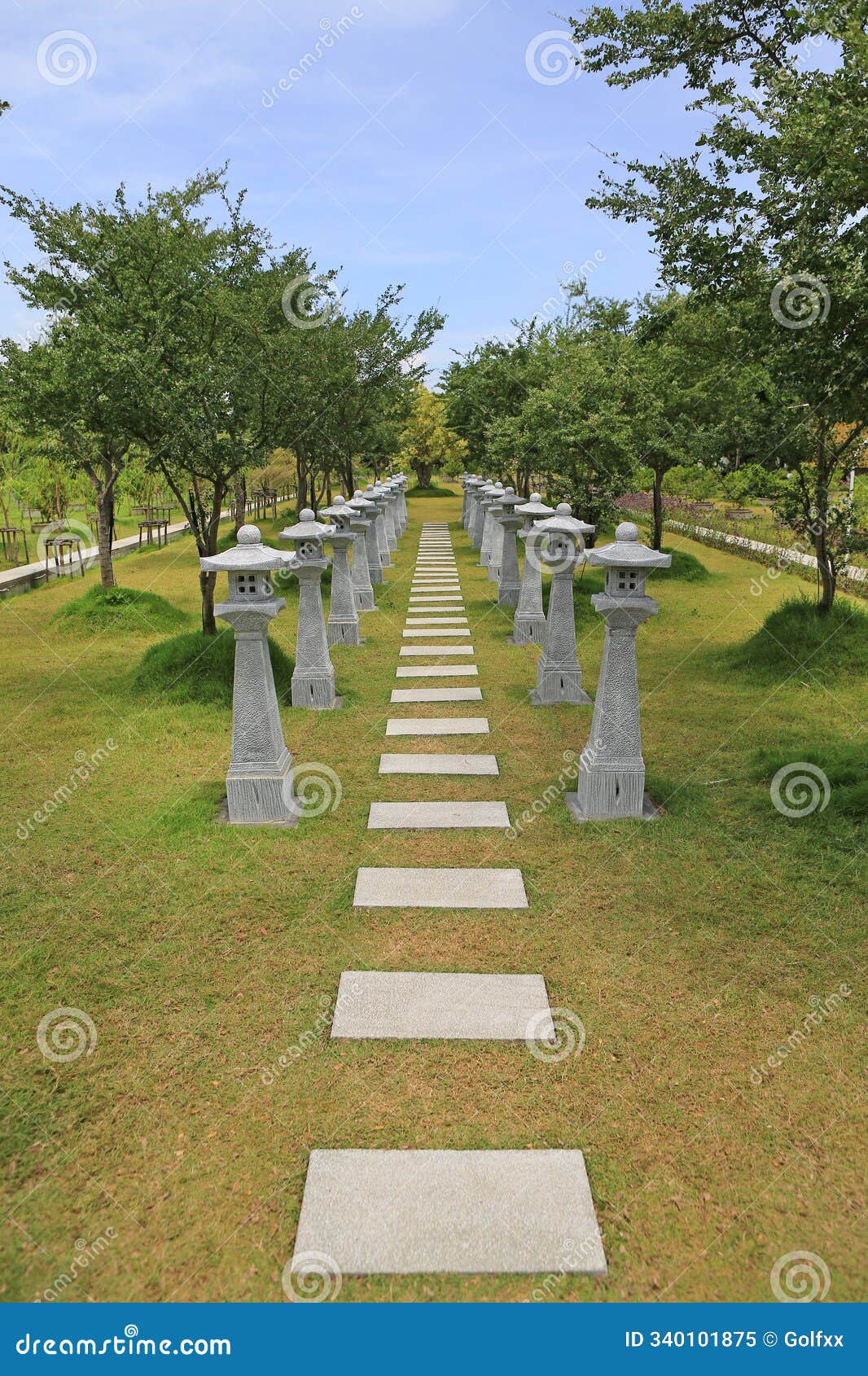 View of Traditional Japanese Garden with Walk Pathway and Lantern Pole ...