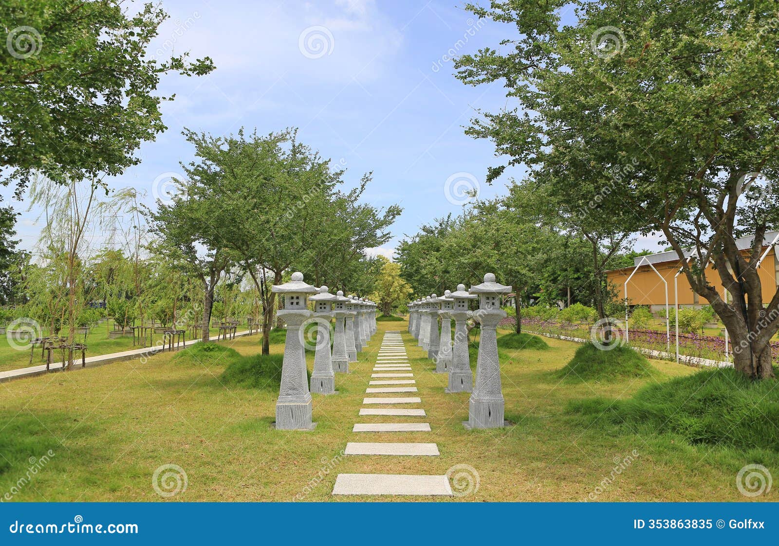 View of Traditional Japanese Garden with Walk Pathway and Lantern Pole ...