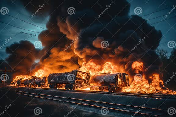 View of a Train Derailed Exploding with Fire and Smoke. Stock Image ...