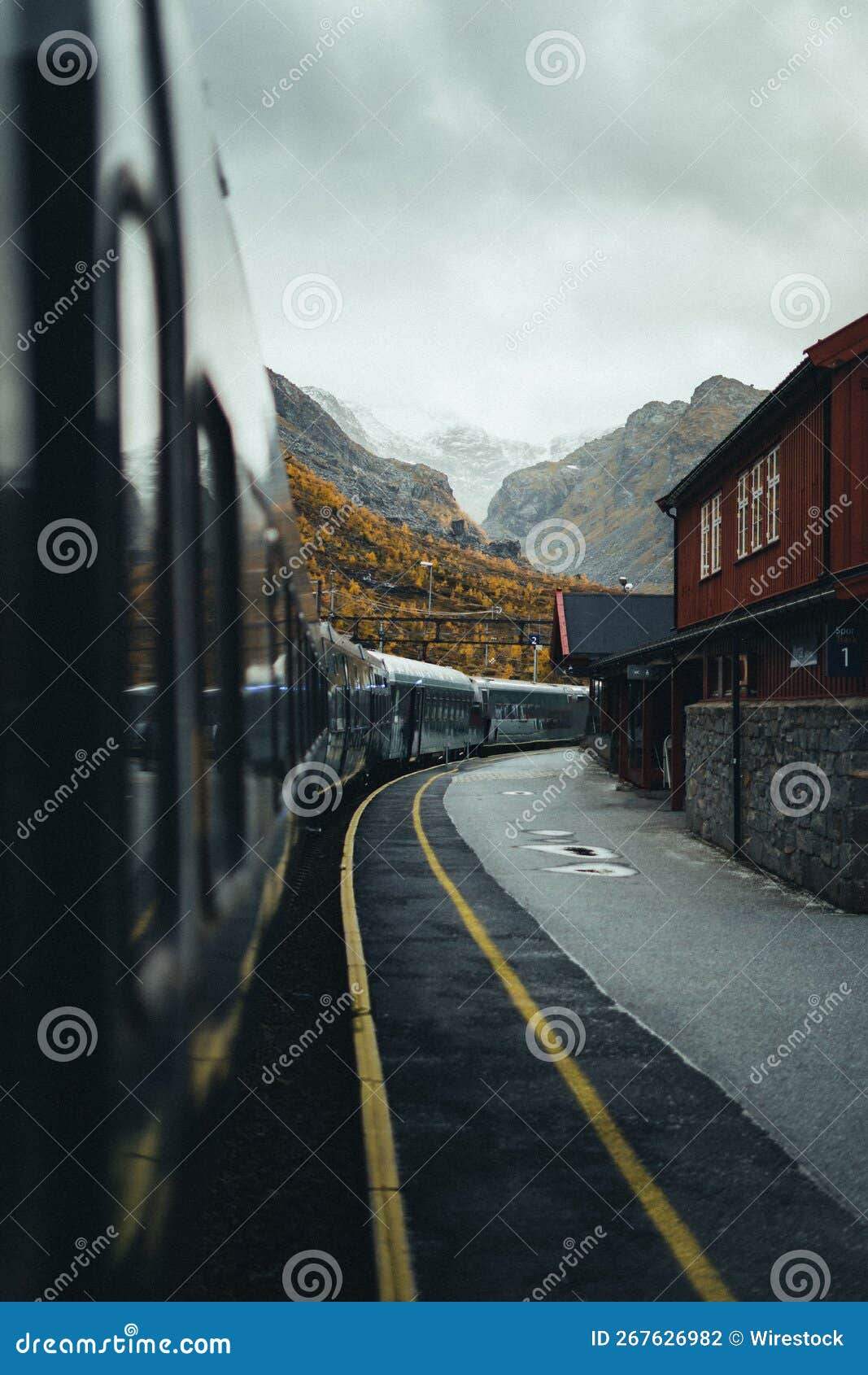 View from the Train Window of Long Wagons at the Station Near Mountain ...