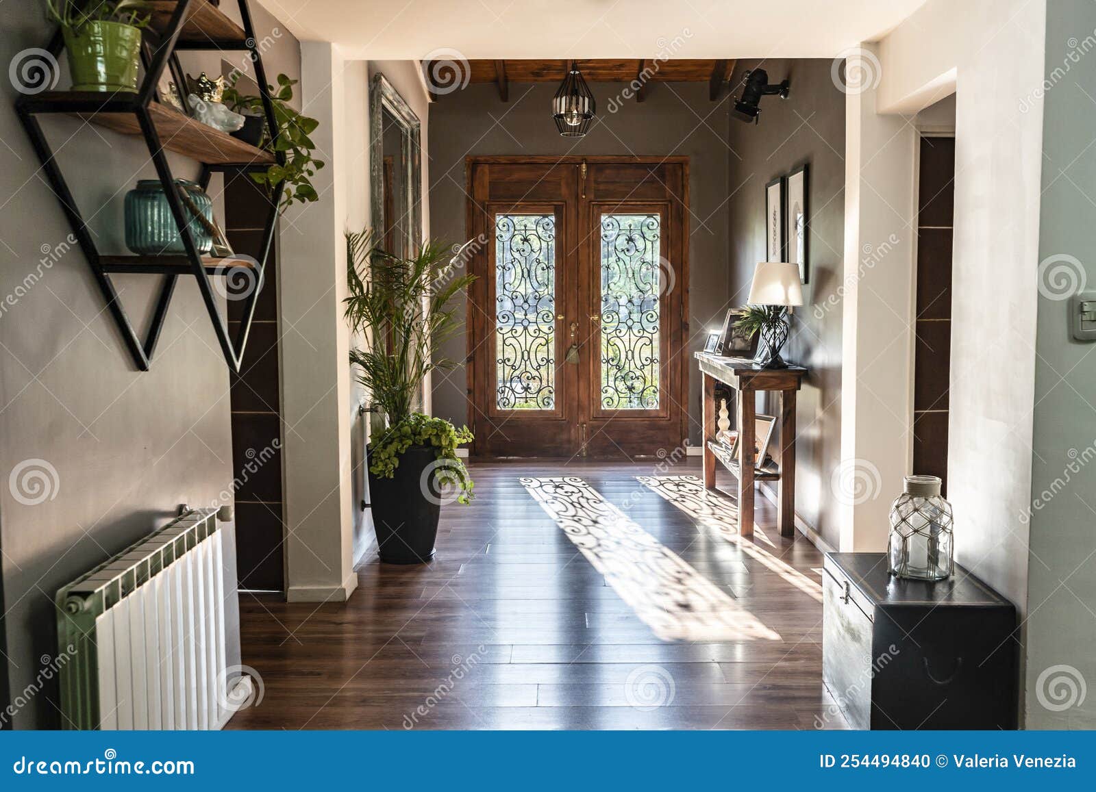 View of a Trendy Wooden Front Door from the Inside House Stock Photo ...