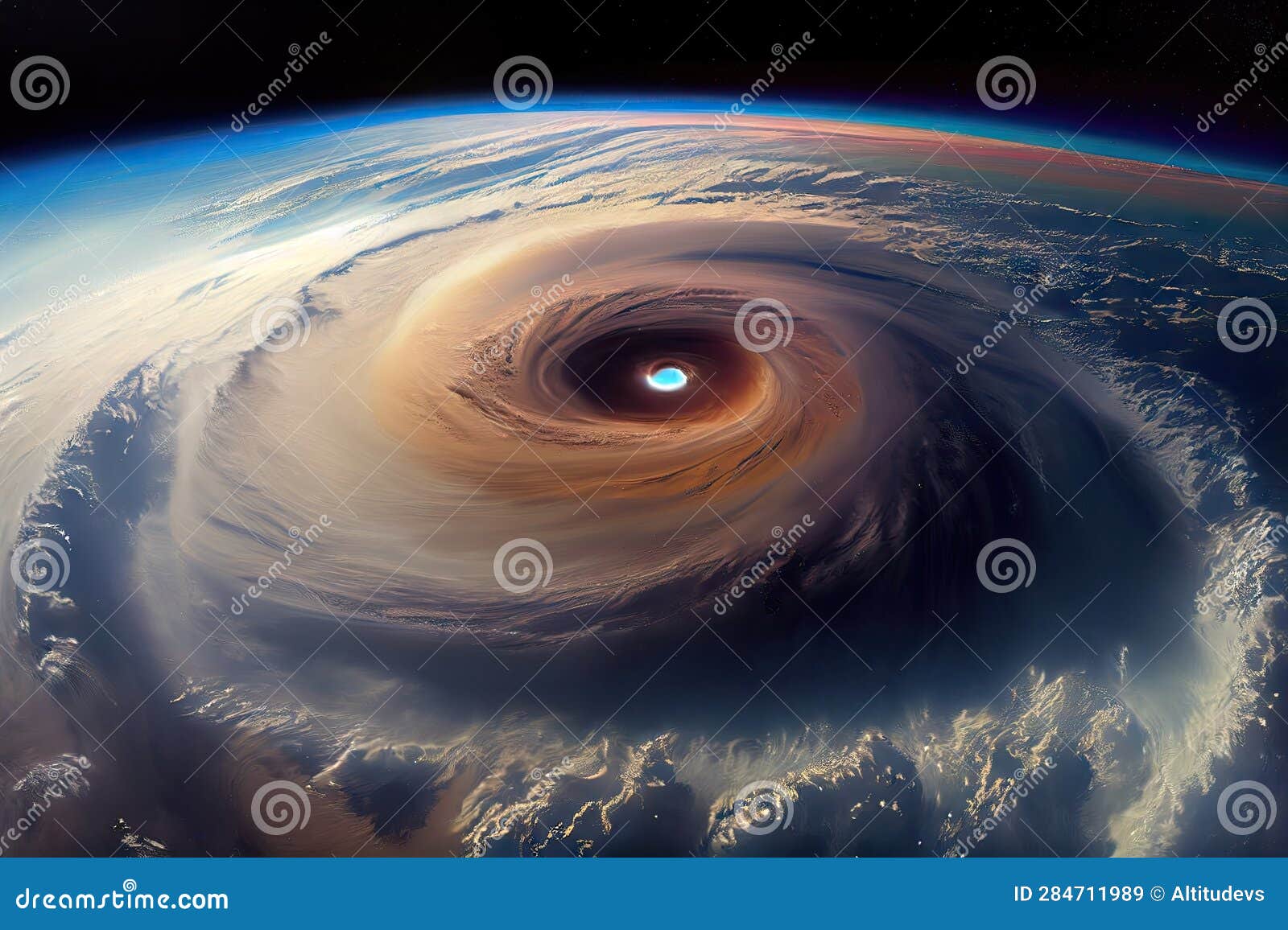 View of Tropical Cyclone from Outer Space, with Planets and Stars in ...
