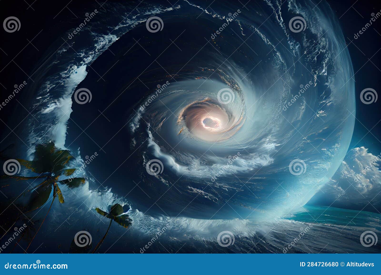 View of Tropical Cyclone from Outer Space, with Planets and Stars in ...
