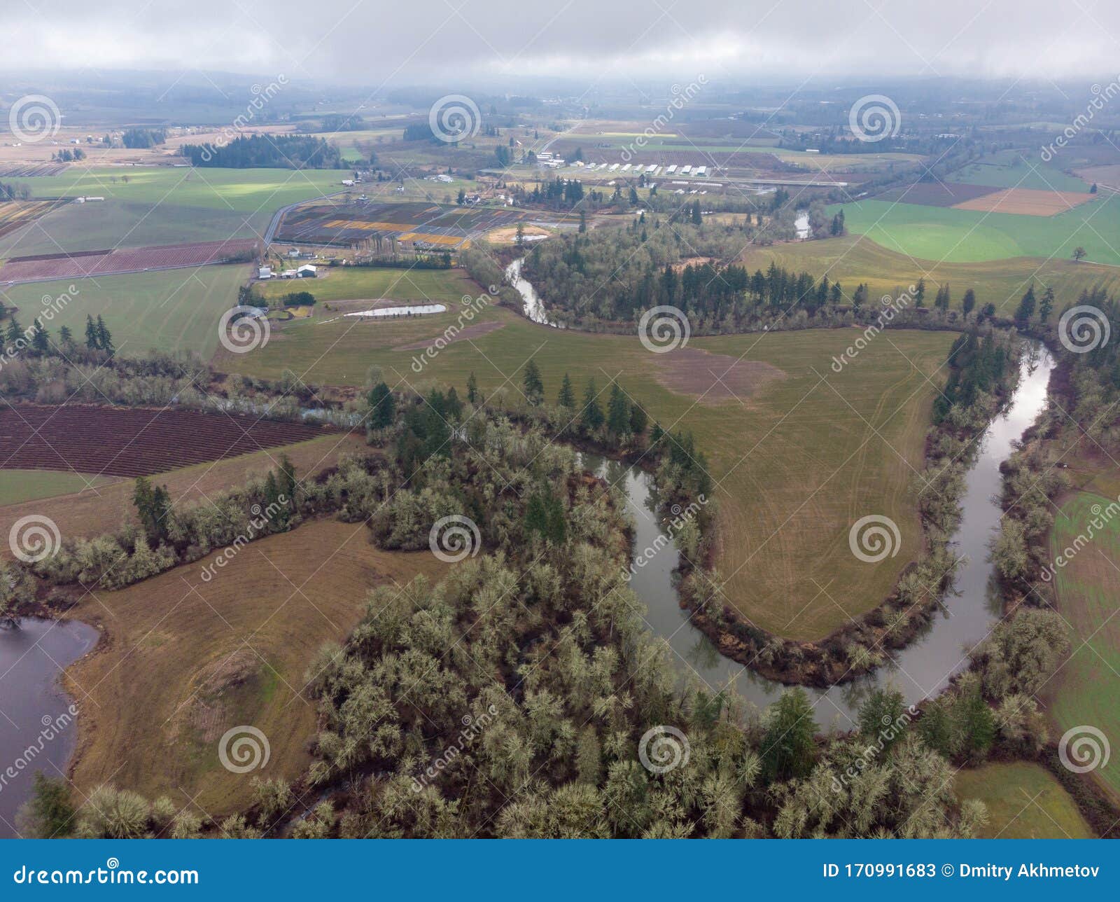 View at Tualatin River from Above. Scenic View of a Farming Fields and ...