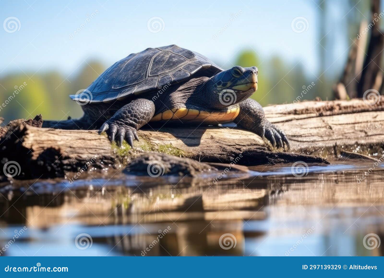 View of a Turtle Basking on a Log in the Marsh Sun Stock Image - Image ...