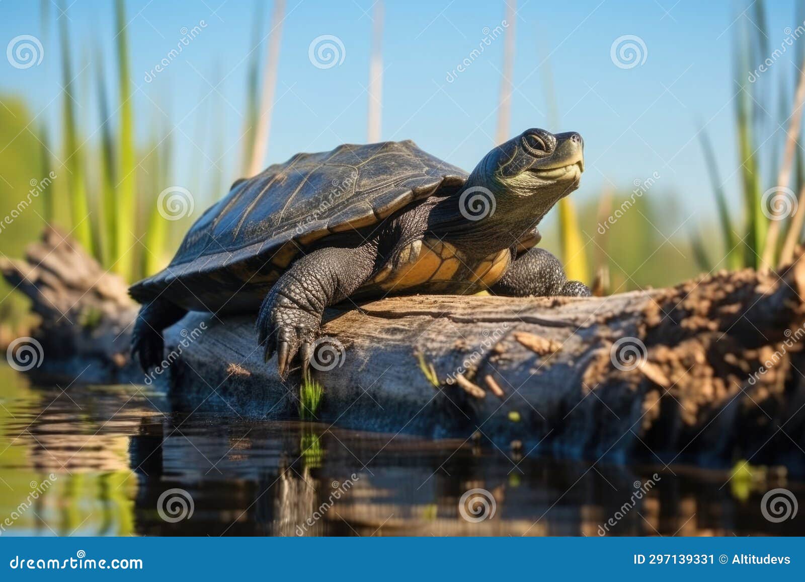 View of a Turtle Basking on a Log in the Marsh Sun Stock Image - Image ...