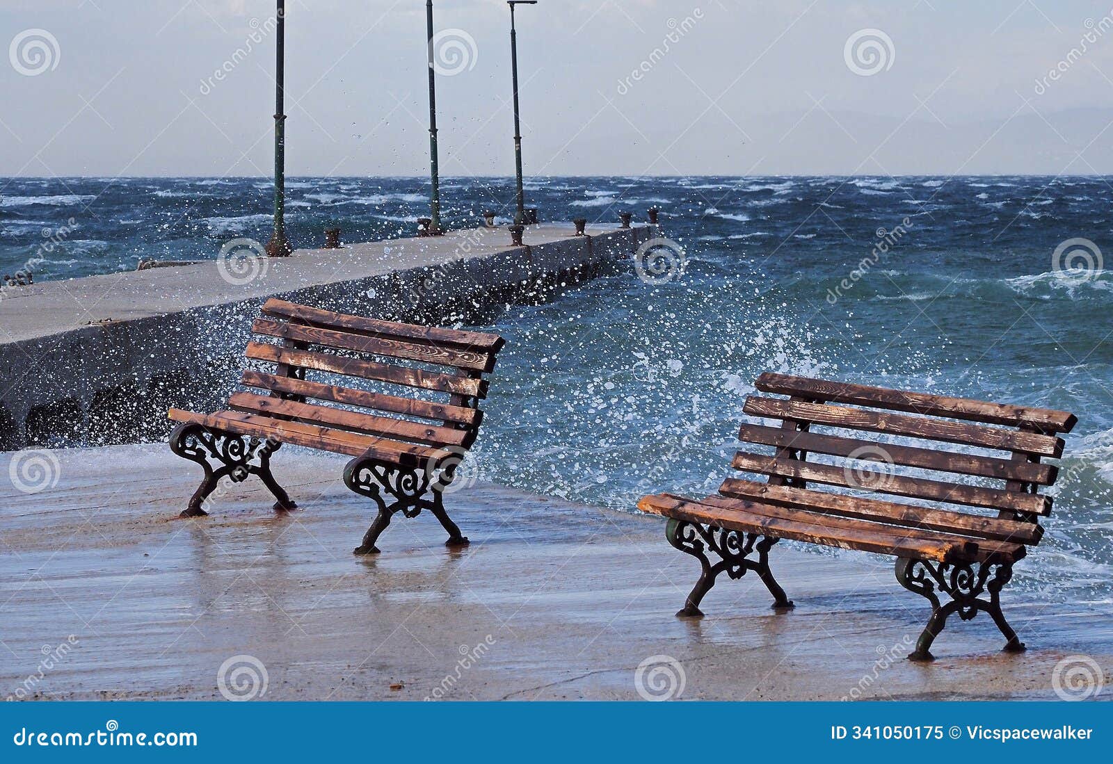 Two Benches and Storming Waters Stock Image - Image of climate, nature ...