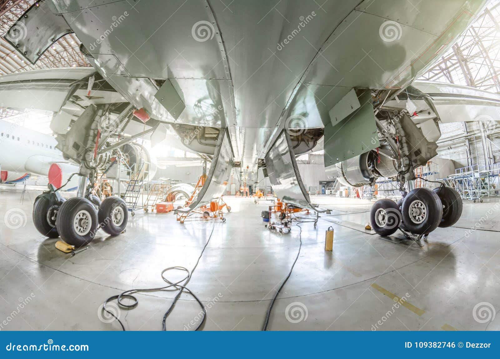 View from Under the Aircraft between the Chassis Racks of Wheels in the ...