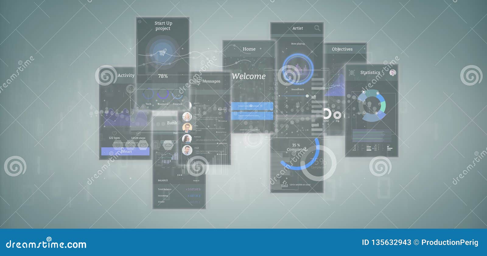 User Interface Screens with Icon, Stats and Data 3d Rendering Stock ...