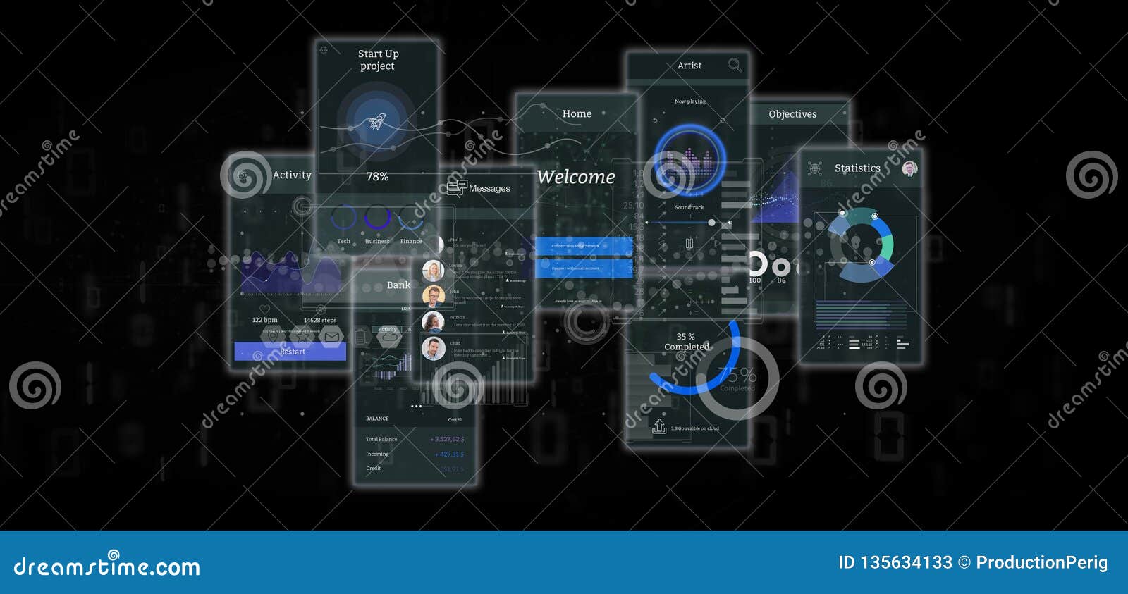 User Interface Screens with Icon, Stats and Data 3d Rendering Stock ...