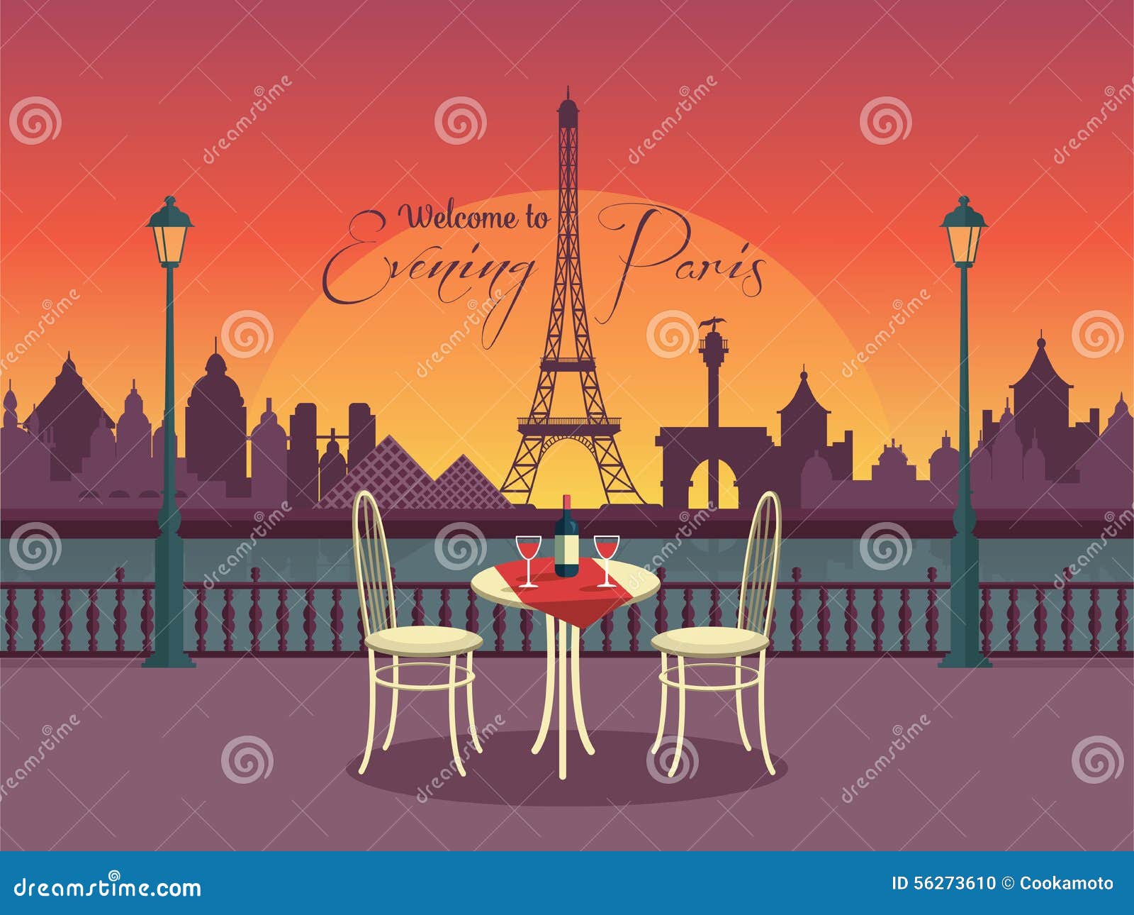 View Of Vector Evening Paris From The Cafe Stock Vector - Image: 56273610