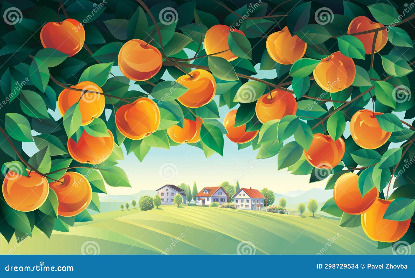 View of the Village through the Branches of an Apple Orchard. Stock ...