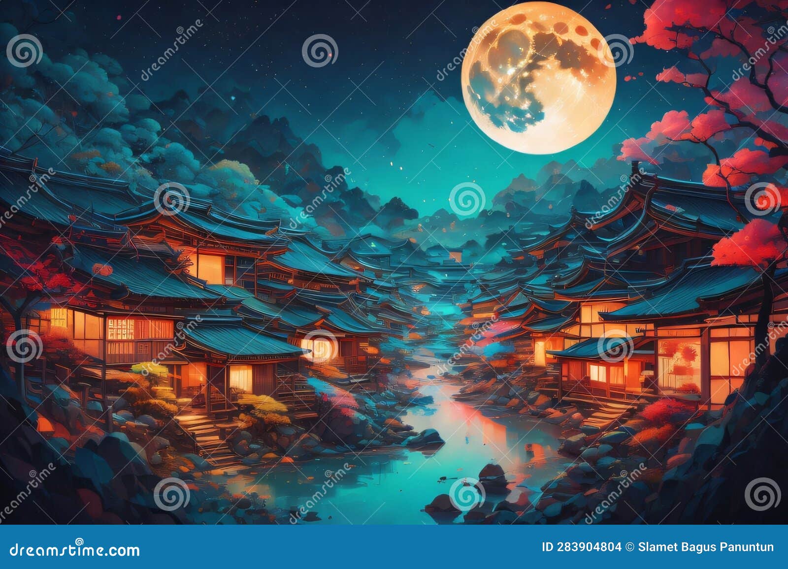 View of a Village Under the Moonlight in Japan in Impressionist Style ...