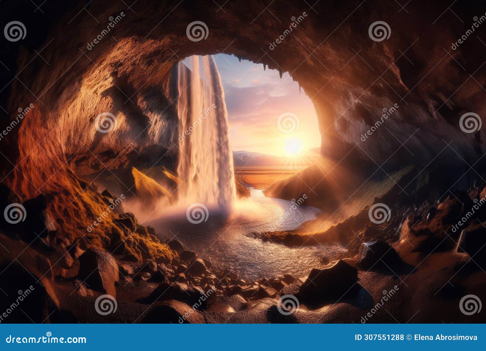 Generated Image a View of a Waterfall from Inside a Cave, Solar Eclipse ...