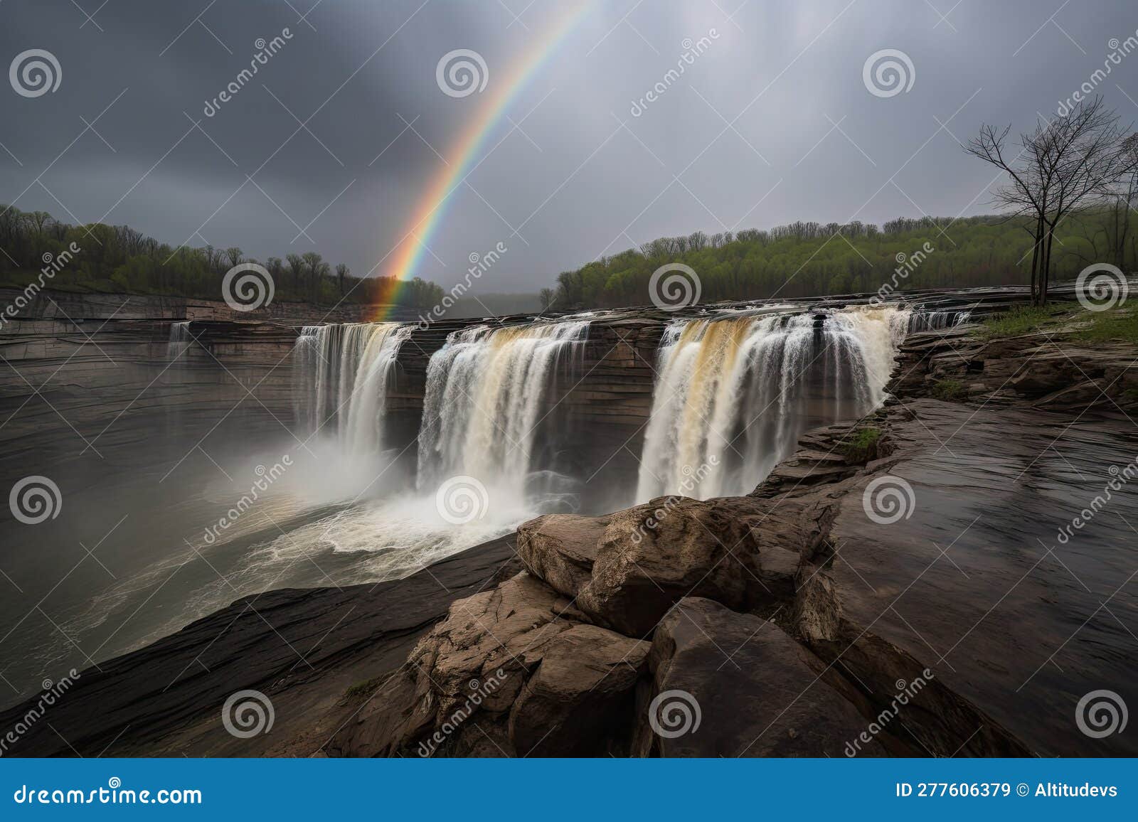 View of Waterfall with Rainbow, Captured during Stormy Weather Stock ...