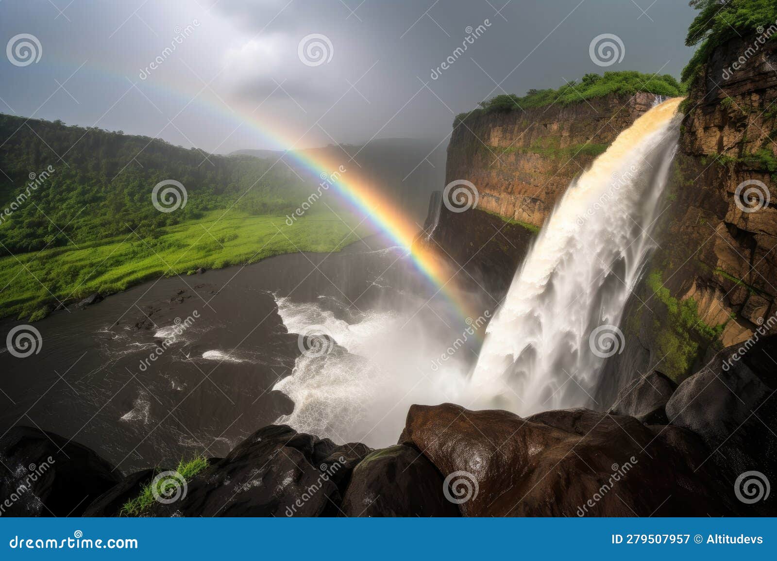 View of Waterfall with Rainbow, Captured during Stormy Weather Stock ...